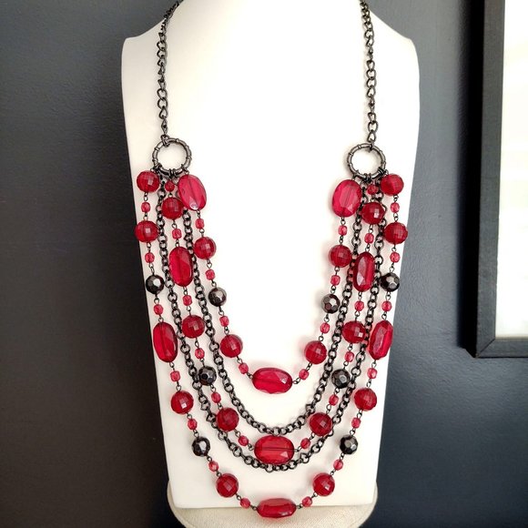 Jewelry | Layered Red And Graphite Beaded Necklace | Poshmark